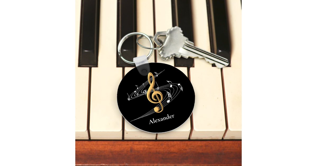 Black Gold Music Notes Monogram Name Keychain | Zazzle