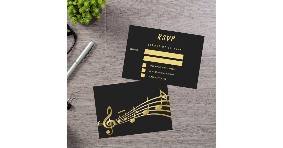 Black gold music notes response RSVP | Zazzle