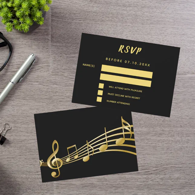 Black gold music notes response RSVP | Zazzle