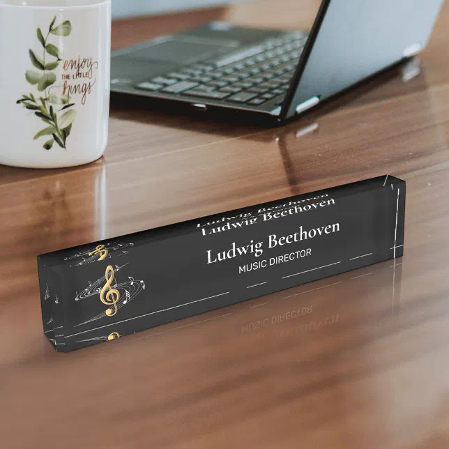 Black Gold Music Notes Treble Clef Desk Name Plate | Zazzle