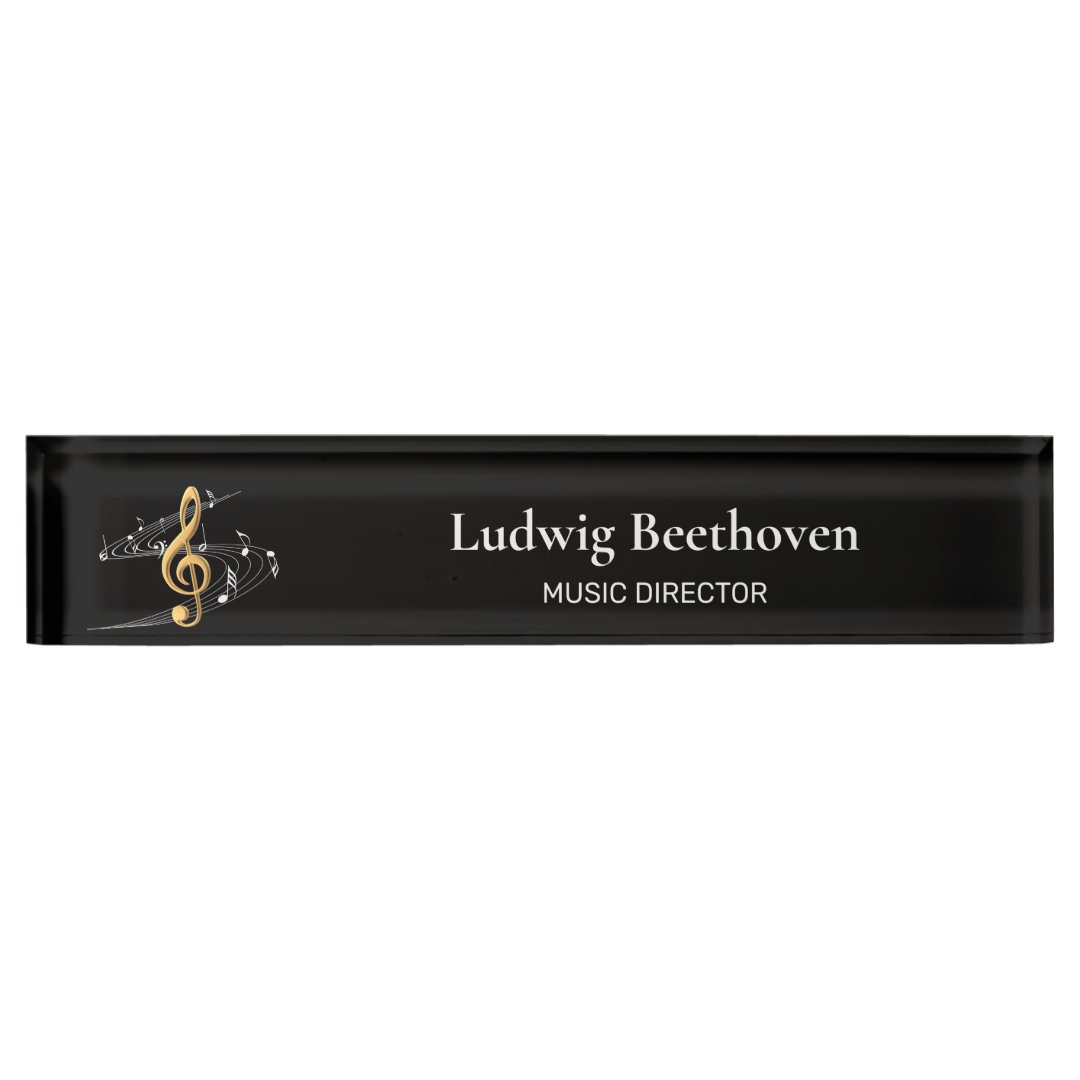 Black Gold Music Notes Treble Clef Desk Name Plate | Zazzle