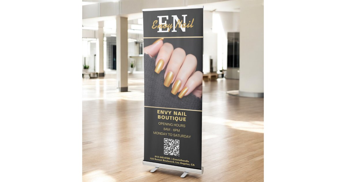 Black Gold Nail Salon QR Code Monogram Photo Retractable Banner | Zazzle