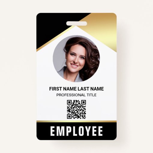 Black Gold Name Photo QR Code Employee ID Card Badge | Zazzle
