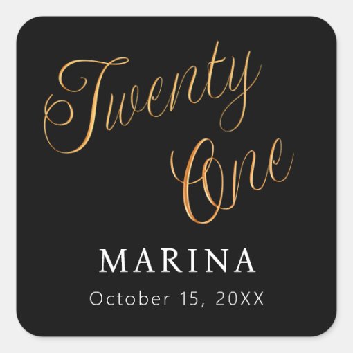 Black gold name script 21st birthday square sticker | Zazzle