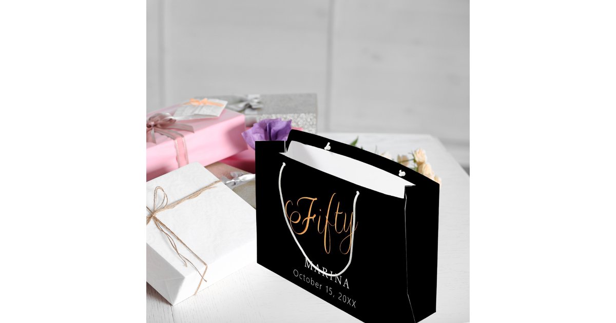 Black gold name script 50th birthday large gift bag | Zazzle
