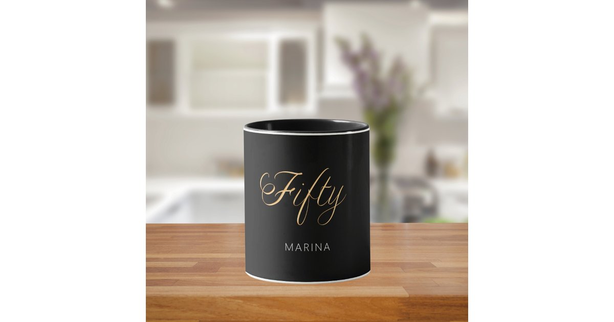 Black gold name script 50th birthday mug | Zazzle