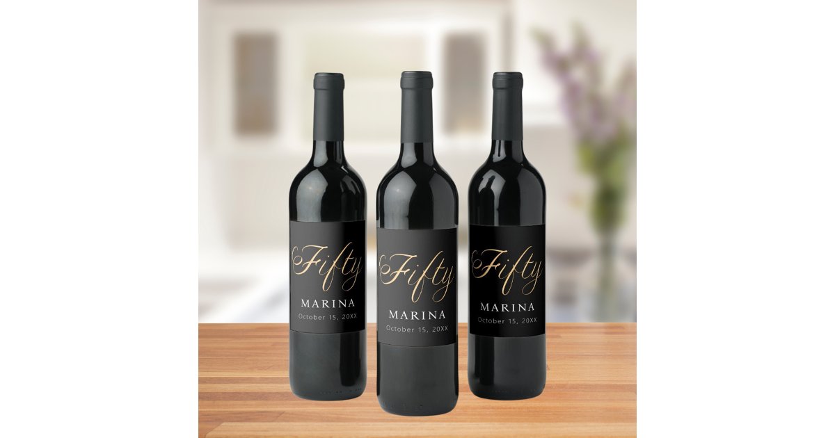Black gold name script 50th birthday wine label | Zazzle