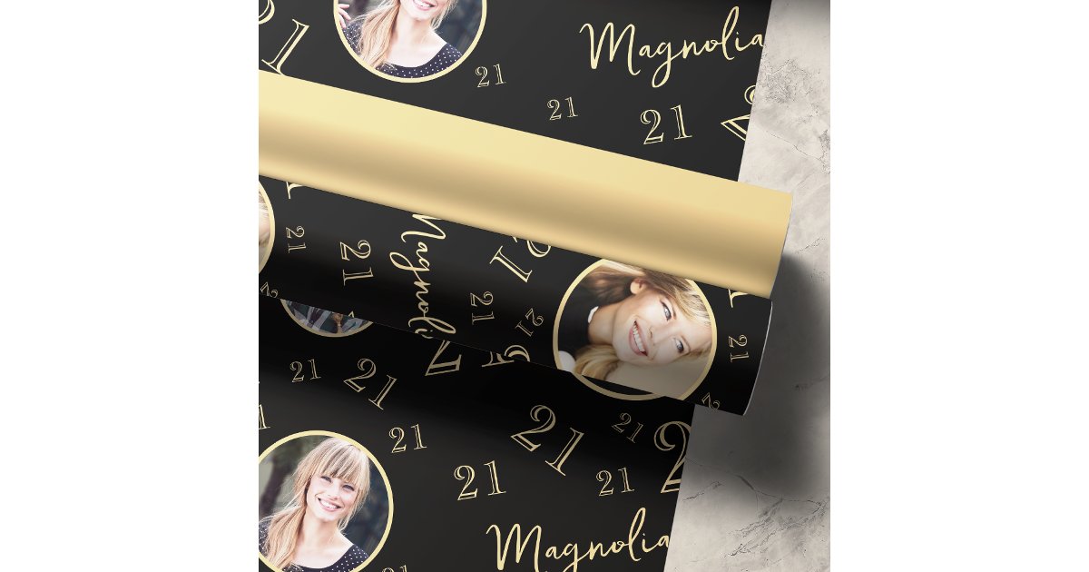 Black Gold Number Photo 21st Birthday Wrapping Paper | Zazzle