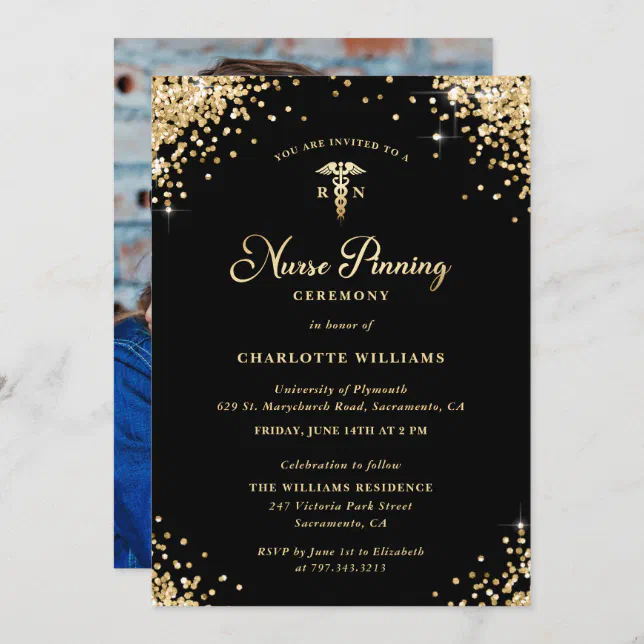 Black Gold Nurse Pinning Ceremony Photo Invitation | Zazzle