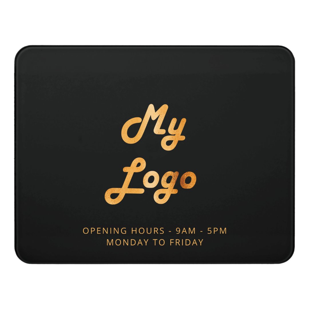 Black gold opening hours business logo door sign | Zazzle
