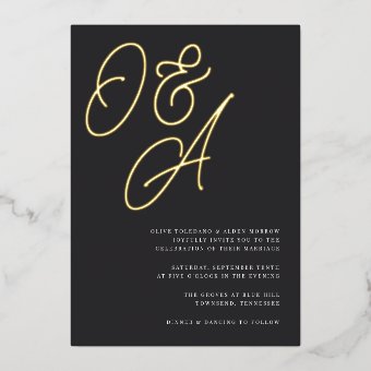 Black & Gold Oversized Script Monogram Wedding Foil Invitation | Zazzle