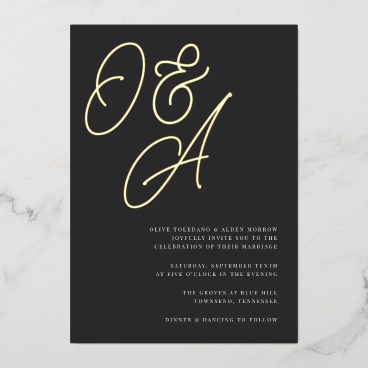 Black & Gold Oversized Script Monogram Wedding Foil Invitation | Zazzle