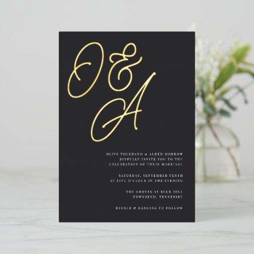 Black & Gold Oversized Script Monogram Wedding Foil Invitation | Zazzle