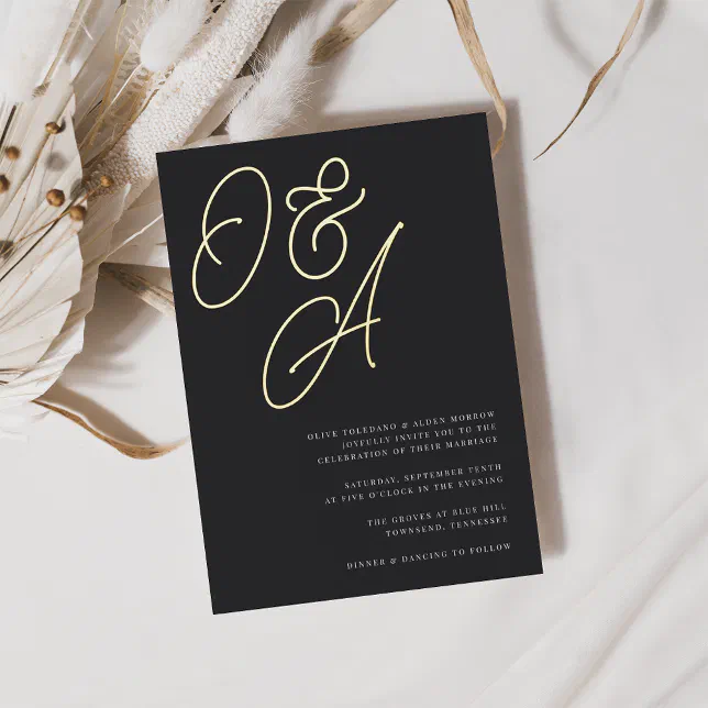 Black & Gold Oversized Script Monogram Wedding Foil Invitation | Zazzle