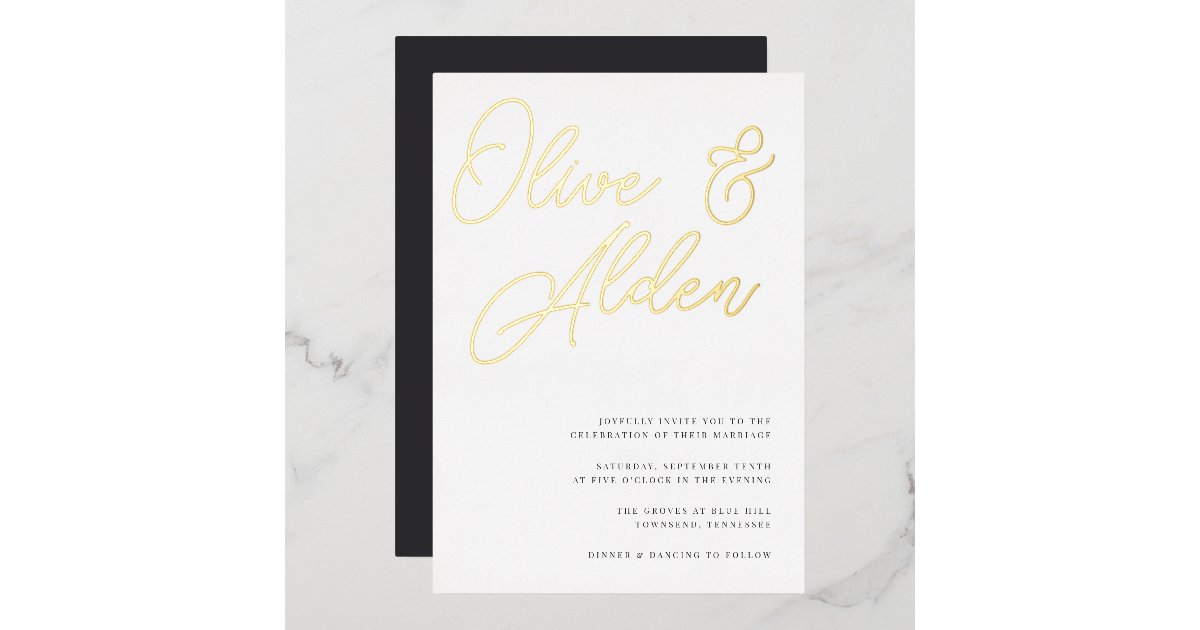 Black & Gold Oversized Script Wedding Foil Foil Invitation | Zazzle