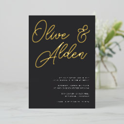 Black & Gold Oversized Script Wedding Foil Invitation | Zazzle