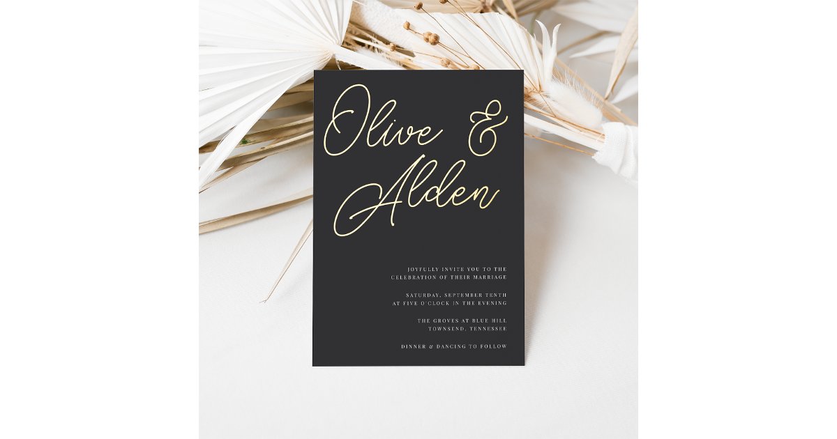 Black & Gold Oversized Script Wedding Foil Invitation | Zazzle