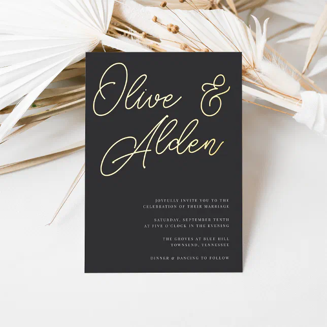 Black & Gold Oversized Script Wedding Foil Invitation | Zazzle