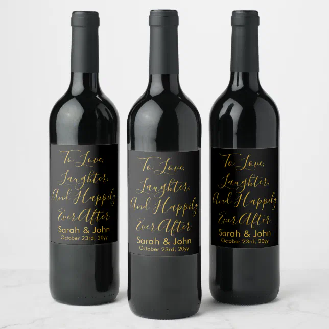 Black Gold Personalized Script Wedding Reception Wine Label | Zazzle