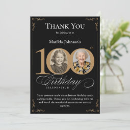 Black Gold Photo 100th Birthday Thank You Card | Zazzle