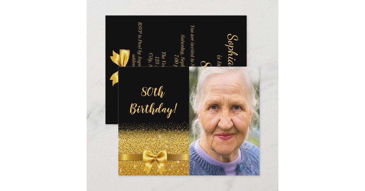 Black gold photo bow 80th birthday invitation | Zazzle