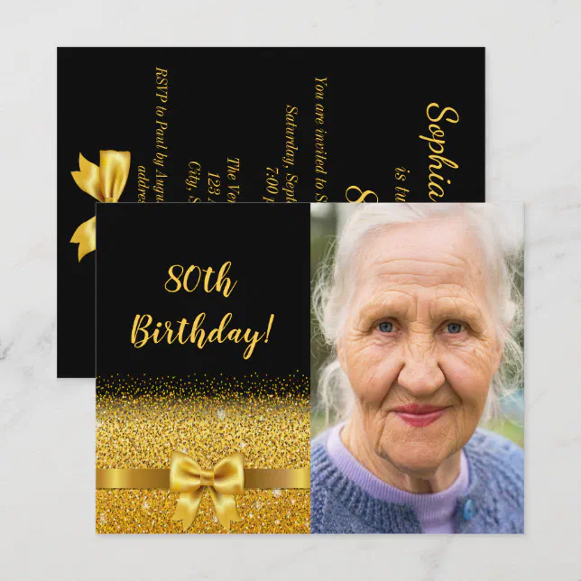 Black gold photo bow 80th birthday invitation | Zazzle