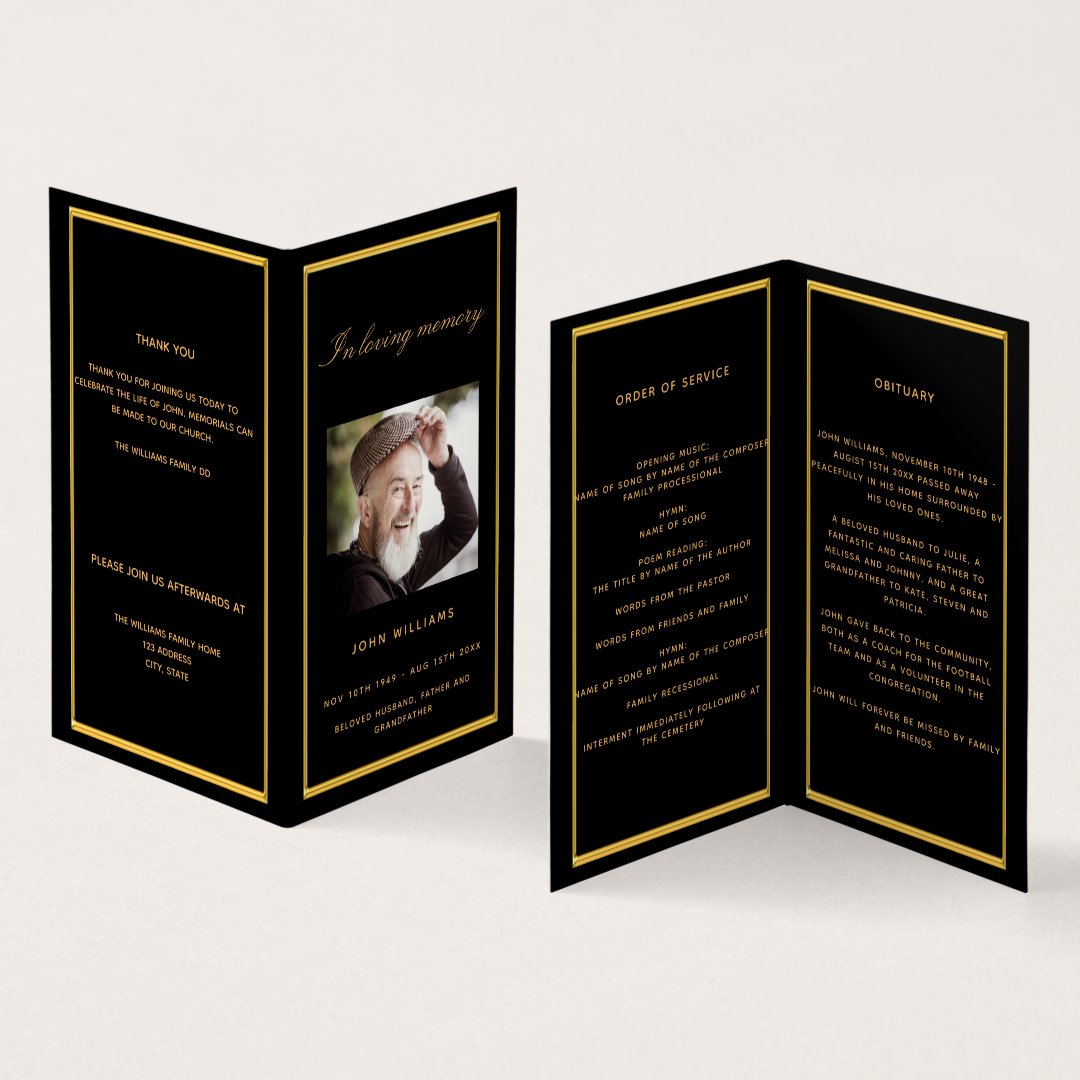 Black gold photo elegant funeral program | Zazzle