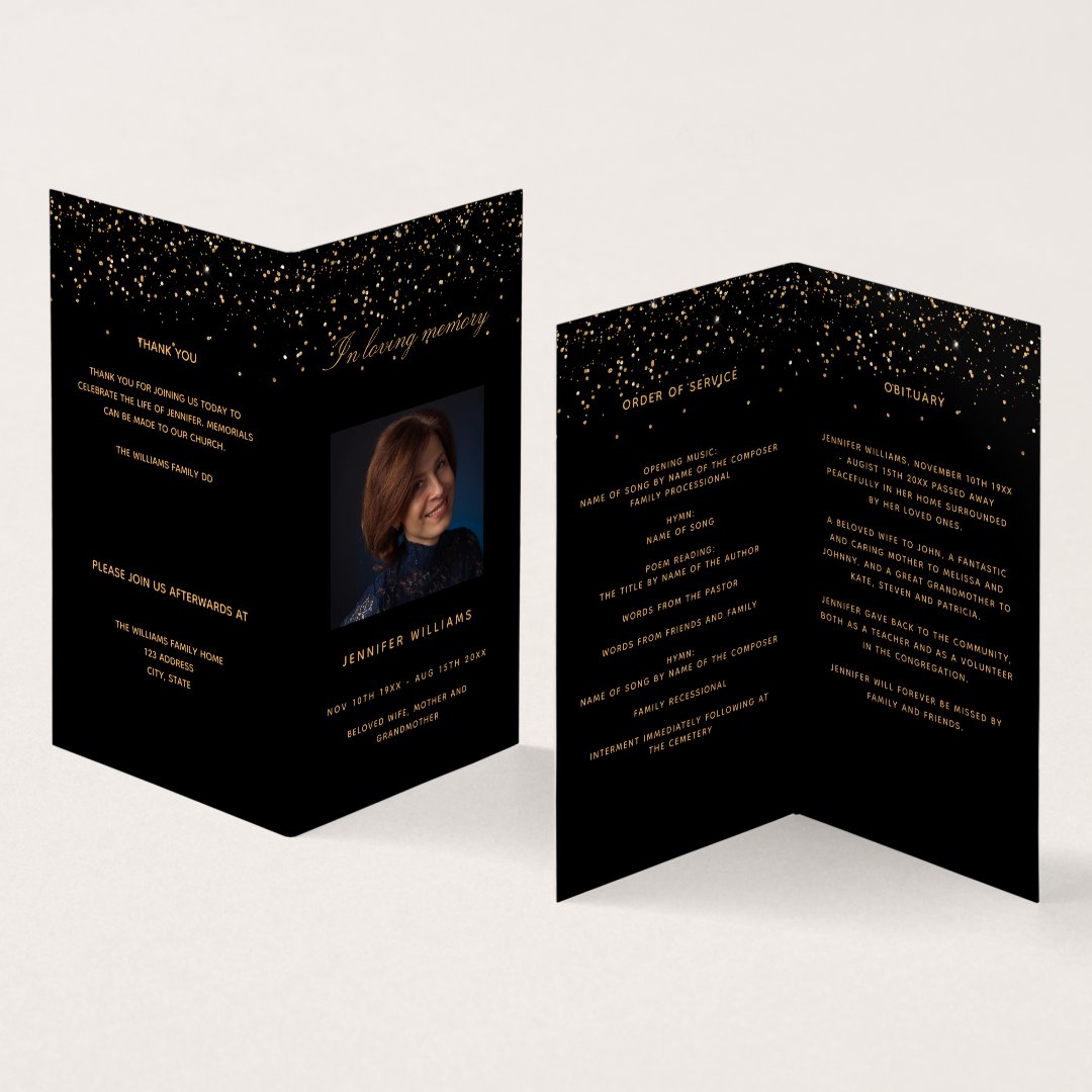 Black gold photo elegant funeral program | Zazzle