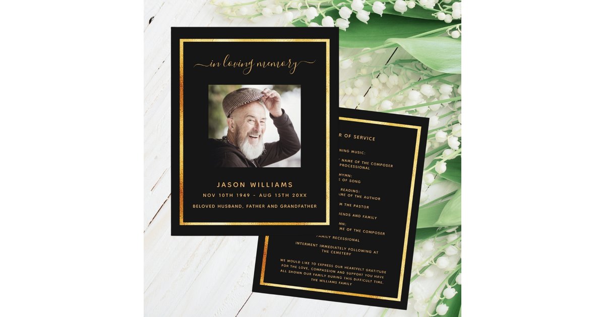Black gold photo elegant funeral program | Zazzle