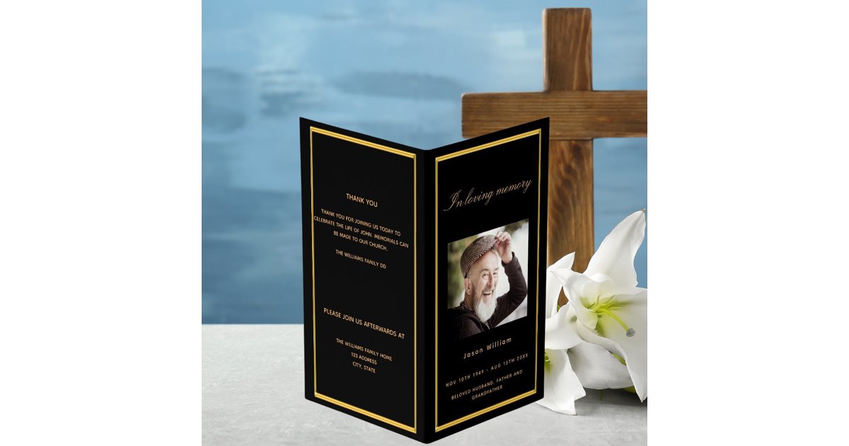 Black gold photo elegant funeral program | Zazzle
