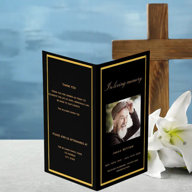 Black gold photo elegant funeral program | Zazzle
