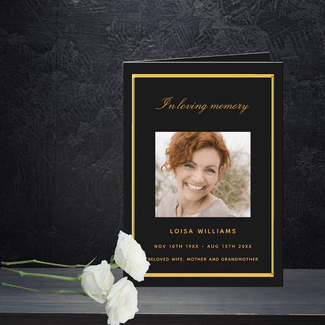 Black gold photo funeral program | Zazzle