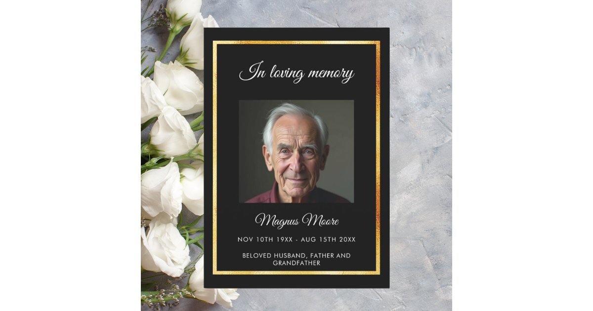 Black gold photo funeral program card | Zazzle