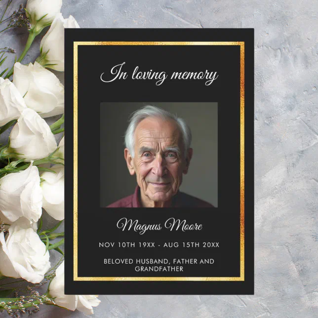 Black gold photo funeral program card | Zazzle