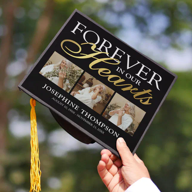 Black Gold Photo Memorial Graduation Cap Topper | Zazzle
