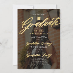 Black gold photo overlay elegant script graduation invitation | Zazzle