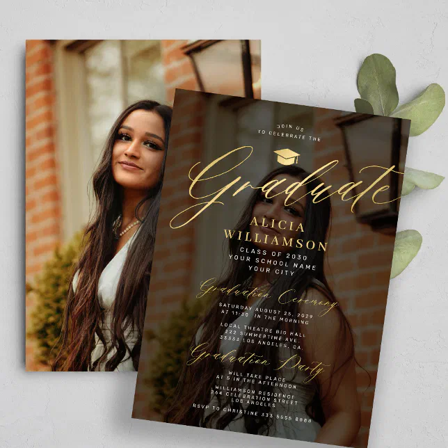 Black gold photo overlay elegant script graduation invitation | Zazzle