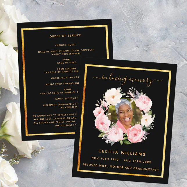 Black gold photo pink floral funeral program | Zazzle