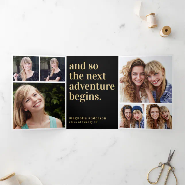Black Gold Photos Graduation Party Next Adventure Tri-Fold Invitation ...