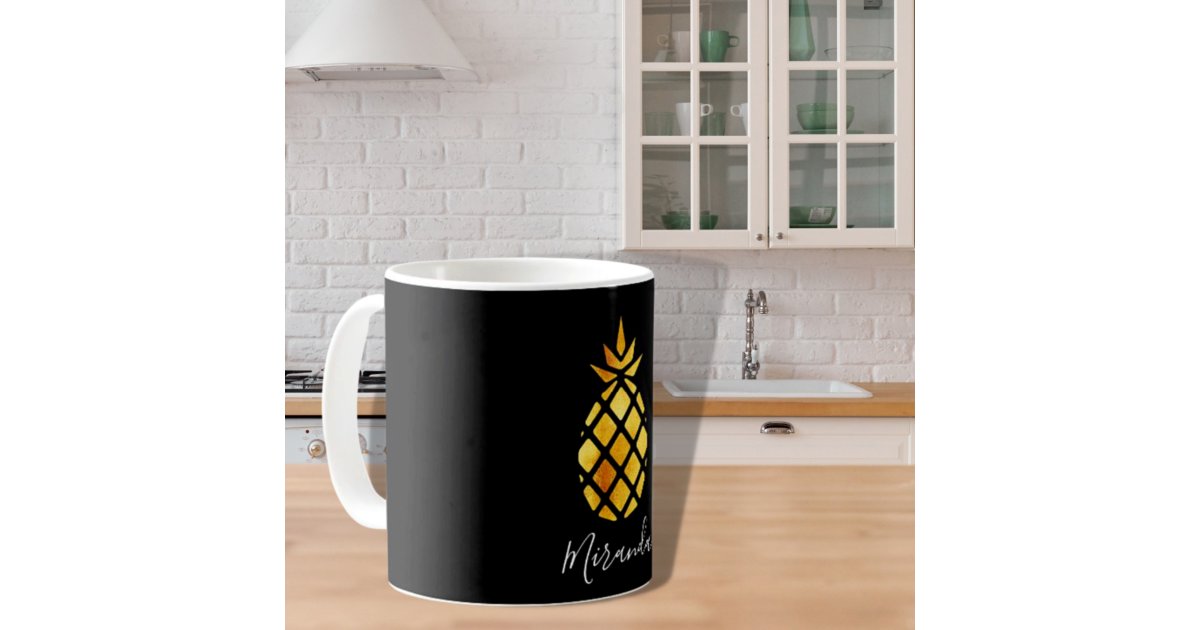 Black gold pineapple name script coffee mug | Zazzle