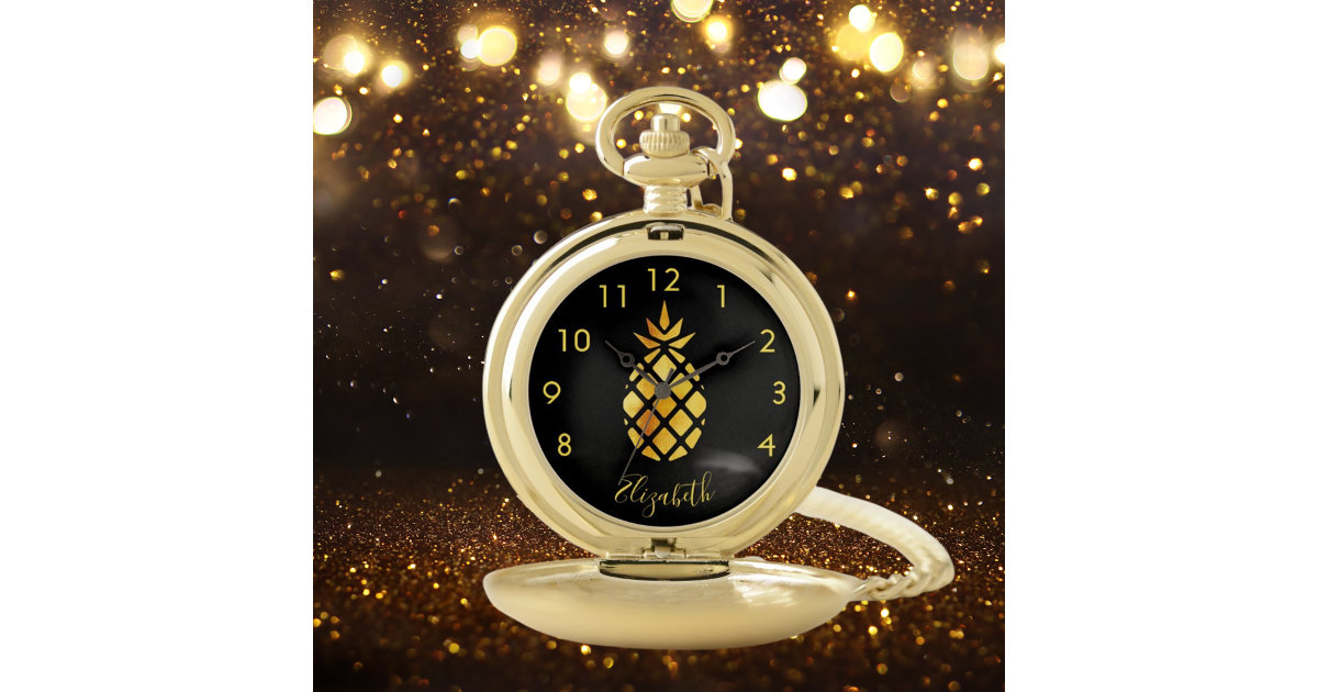 Black gold pineapple name script pocket watch | Zazzle