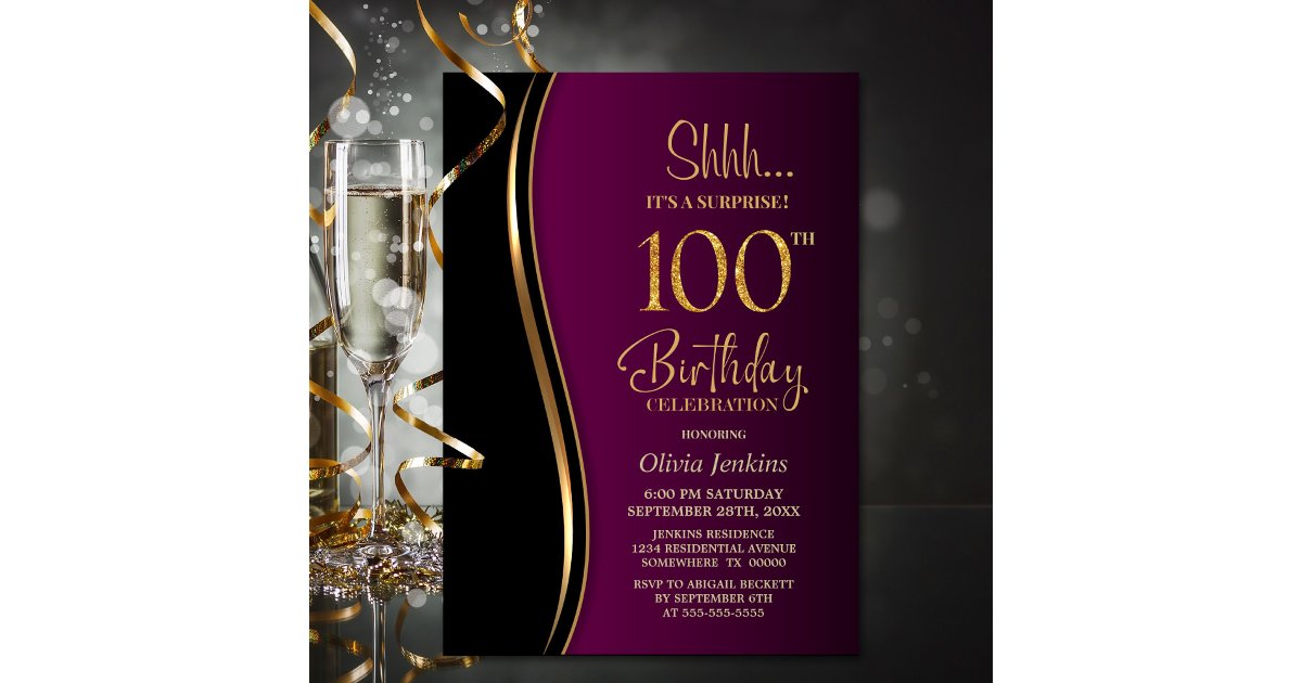 Black Gold Pink Surprise 100th Birthday Invitation | Zazzle