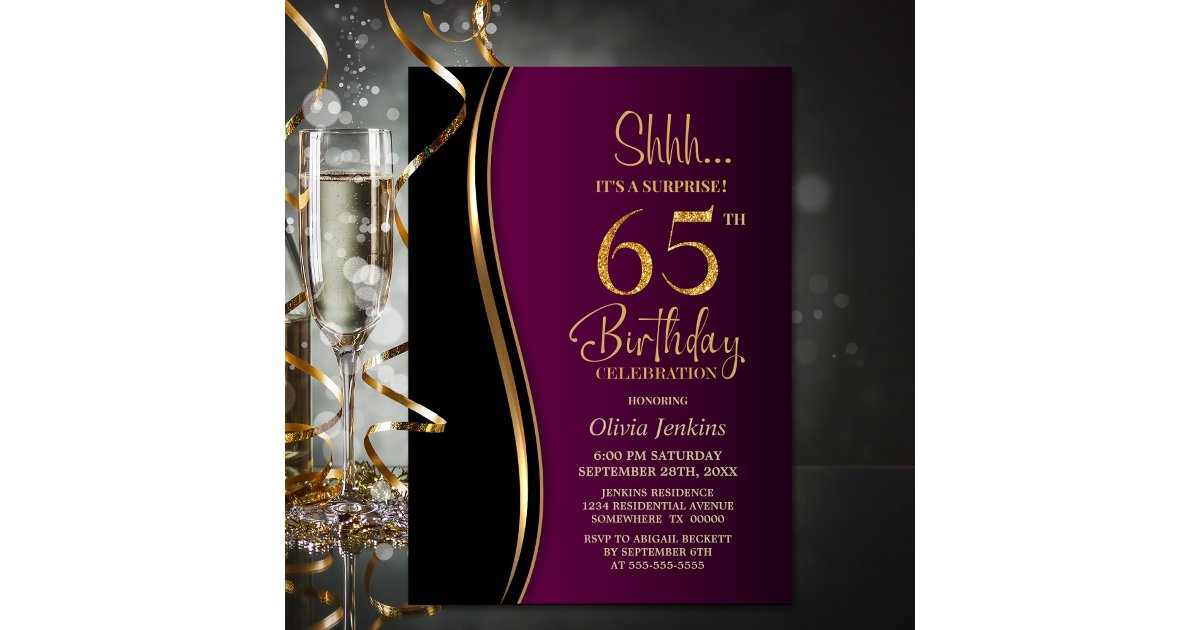 Black Gold Pink Surprise 65th Birthday Invitation | Zazzle