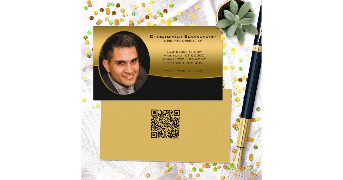 Black Gold Professional Custom Photo QR Code Business Card | Zazzle
