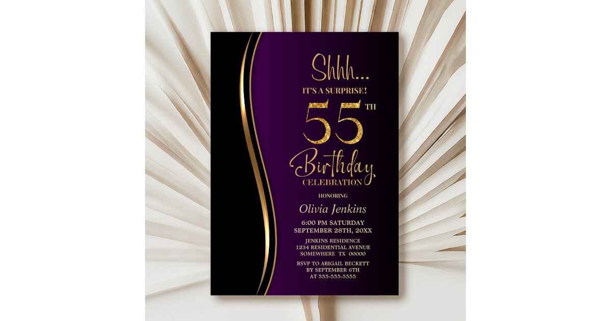 Black Gold Purple Surprise 55th Birthday Invitation | Zazzle
