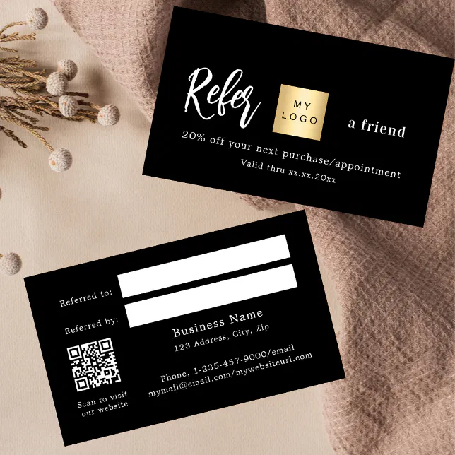 Black gold qr code business logo referral card | Zazzle