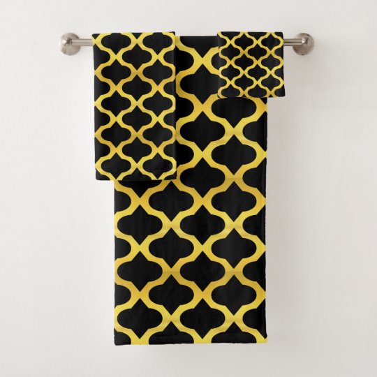 Black Gold Quatrefoil Pattern Bath Towel Set