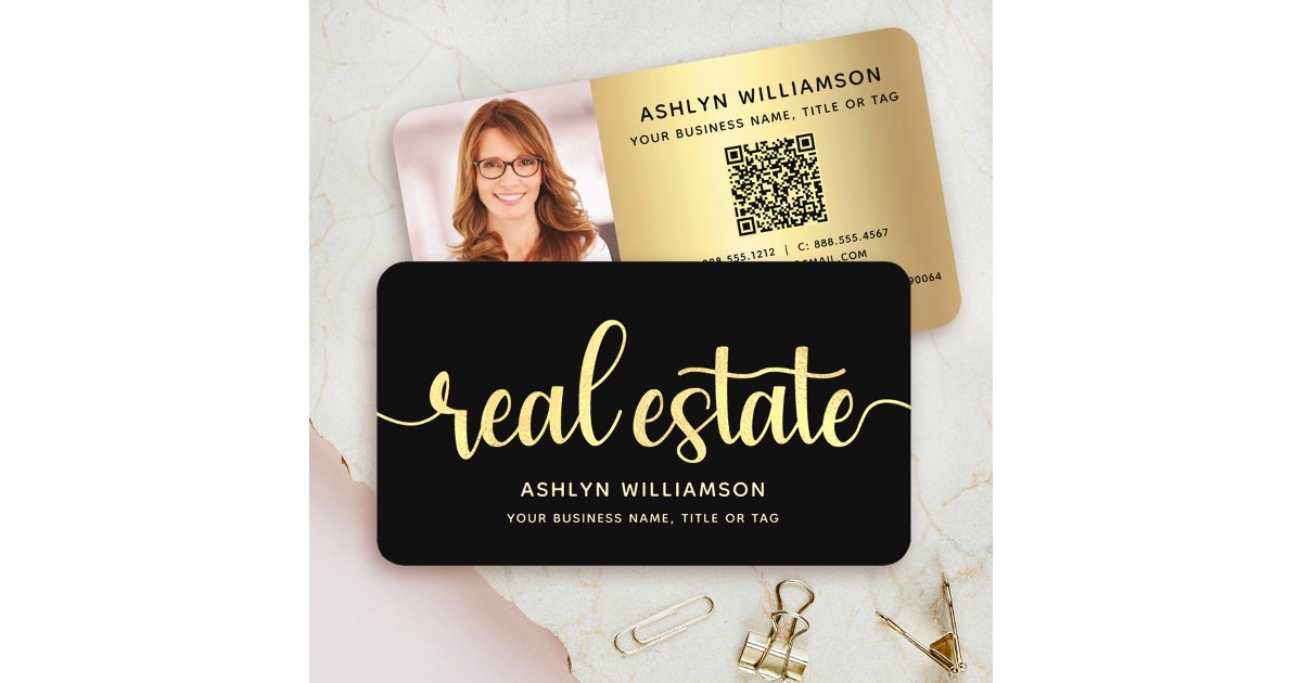 Black Gold Real Estate Agent Photo QR Code Broker Business Card | Zazzle