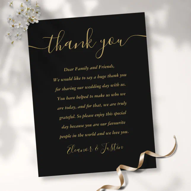 Black Gold Reception Script Thank You Place Card | Zazzle Black Gold Reception Script Thank You Place Card | Zazzle