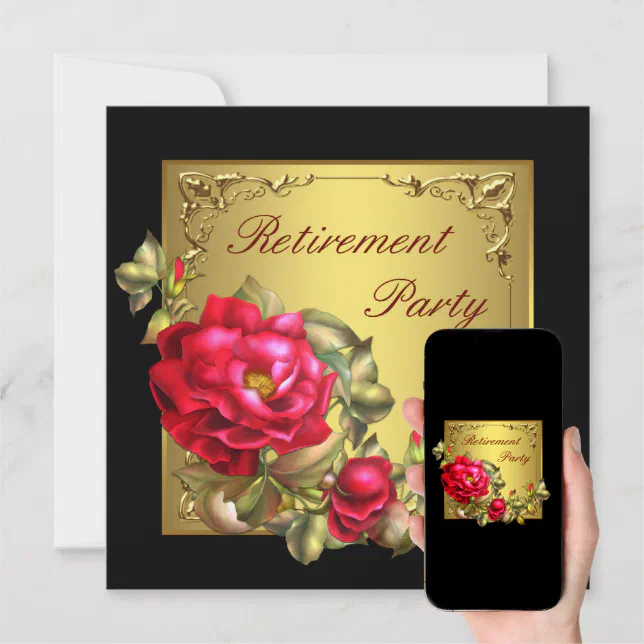 Black Gold Red Rose Womans Retirement Party Invitation | Zazzle